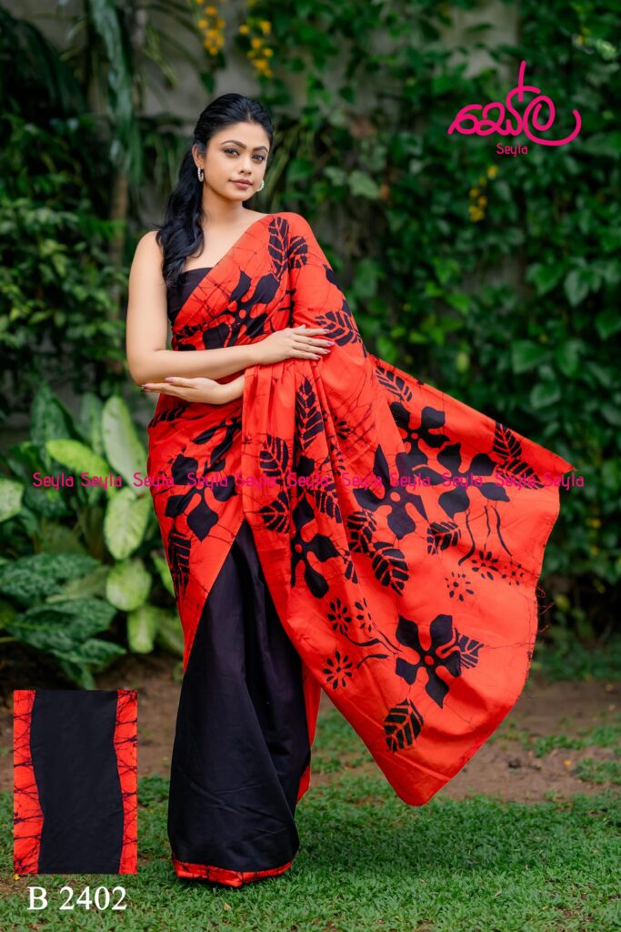 Red and black colored Batik Saree B2402 – Seyla