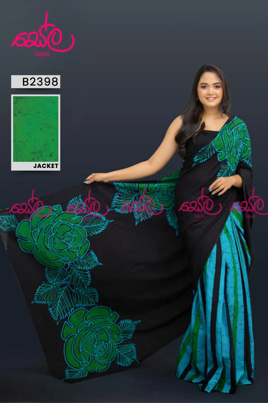 Black and Green Colored Batik Saree B2398 – Seyla