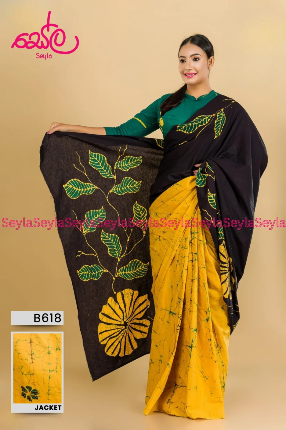Black and green colored batik Saree B618 – Seyla