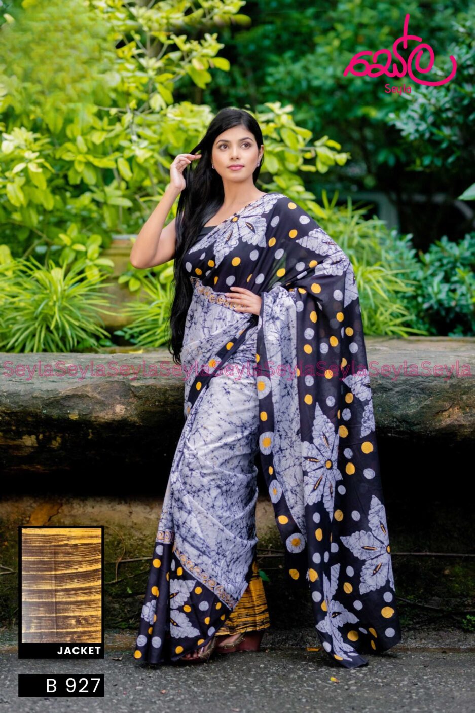 White, Black & Yellow Colored Batik saree B927 – Seyla